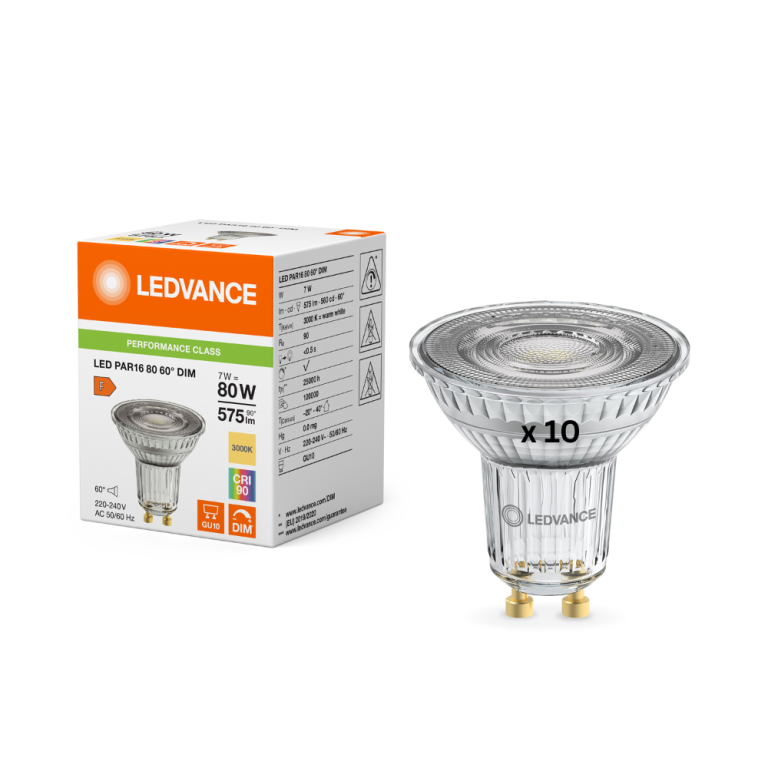 10 Pack Ledvance Dimmable 7w LED GU10 - 3000k - Direct Lighting Supplies